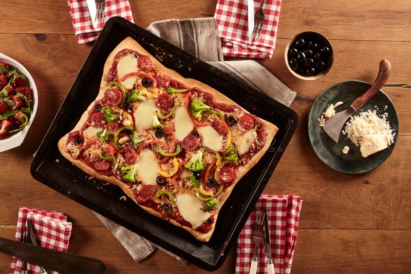 Large Rectangular Pizza with Delicious Ingredients Stock Image - Image ...