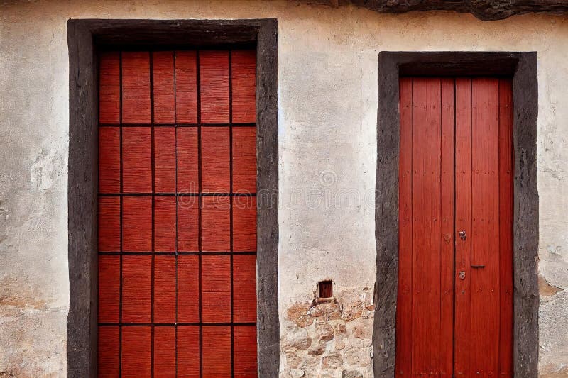 Large Rectangular Red Wooden Medieval Door in Stone Wall. Stock ...