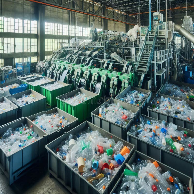 A Large Recycling Facility with Numerous Bins Filled with Plastic ...