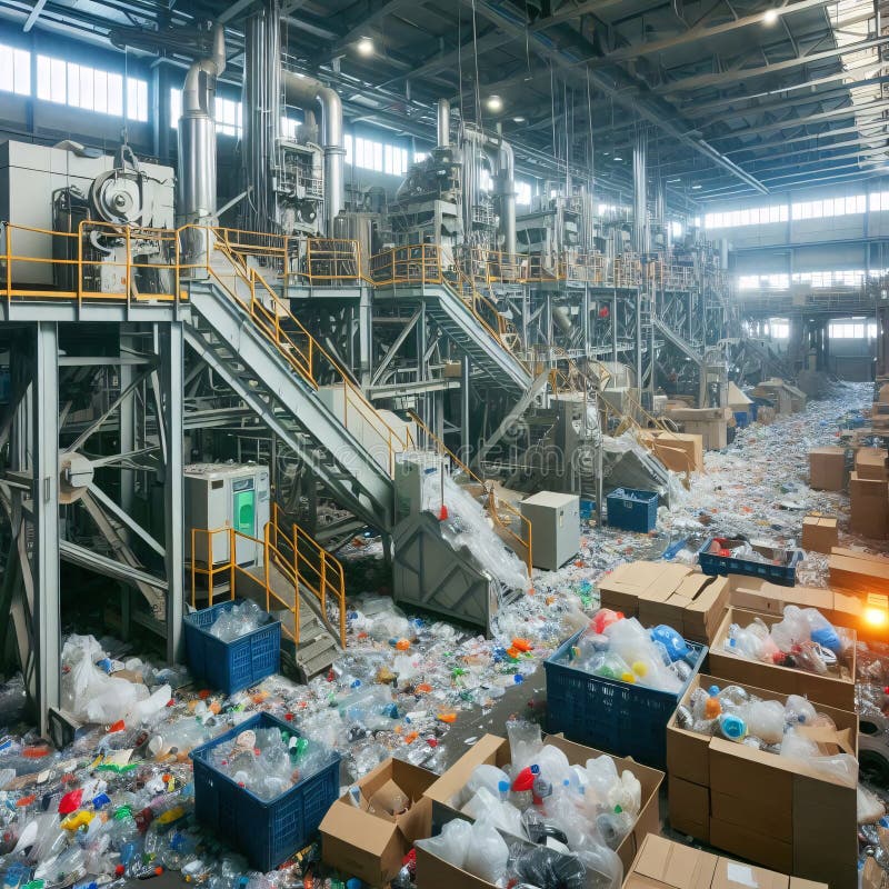 A Large Recycling Facility with Numerous Bins Filled with Plastic ...