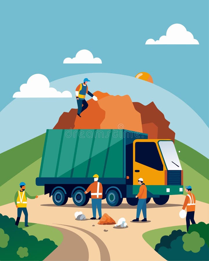A Large Recycling Truck Pulling Up To a Landfill Site with Workers ...