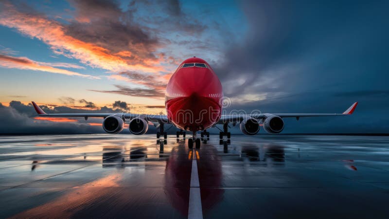 A Large Red Airplane Sitting on a Runway at Sunset, AI Stock Photo ...