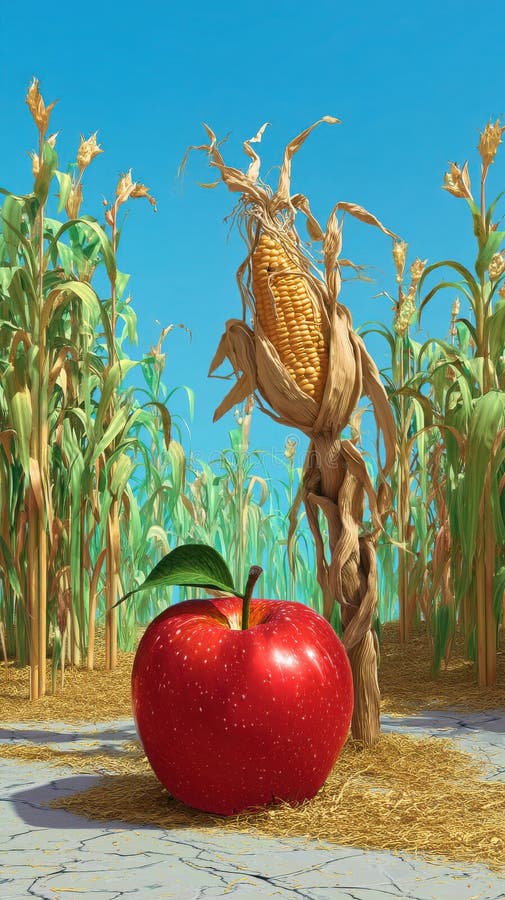 A Large Red Apple Rests in Front of a Mature Cornfield, with Blue Sky ...