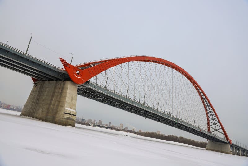 The Large Red Arch Bridge in Winter Stock Image - Image of cold, frozen ...