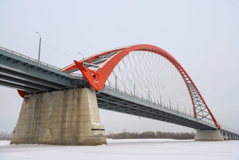 The Large Red Arch Bridge in Winter Stock Image - Image of automobile ...