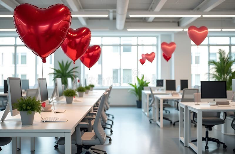 Large Red Balloons in the Shape of Hearts in a Modern Office Stock ...