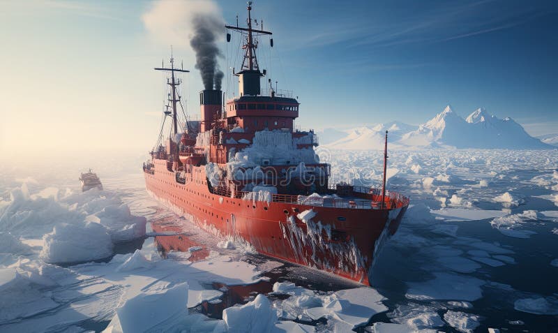 Large Red Boat Breaking Ice on Water Stock Image - Image of frost ...