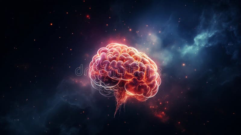 A Large, Red Brain Sitting in the Sky with Nebulas in the Background ...