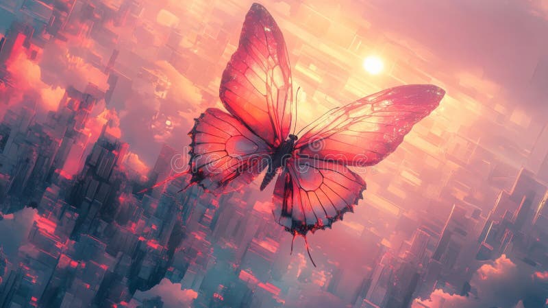 Large Red Butterfly Soaring Over a Glowing City at Sunset Stock ...