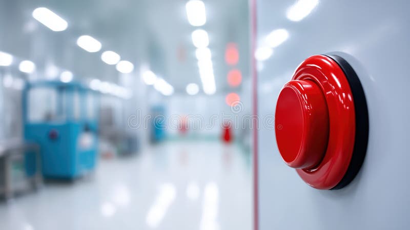 Large Red Button in Factory Environment. Emergency or Control Component ...