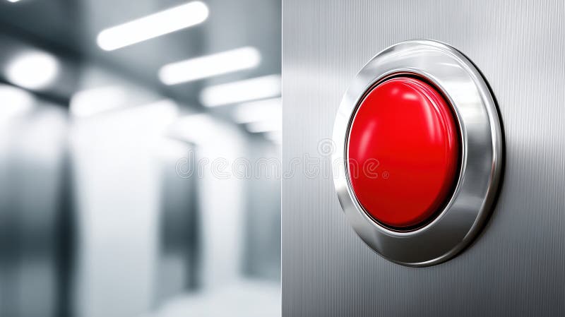 Large Red Button on Metal Panel. Emergency Interface in Industrial ...