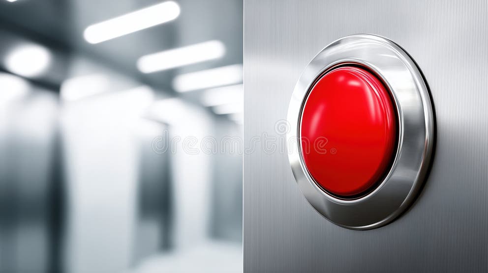 Large Red Button on Metal Panel. Emergency Interface in Industrial ...