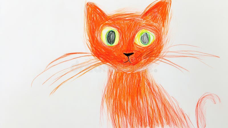 A Large Red Cat Drawn by a Child Using Crayon on a White Background ...