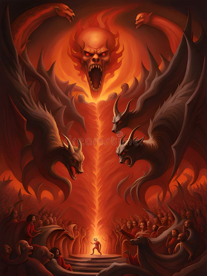 A Large Red Devil is Coming from His Back, Hell View Stock Illustration ...