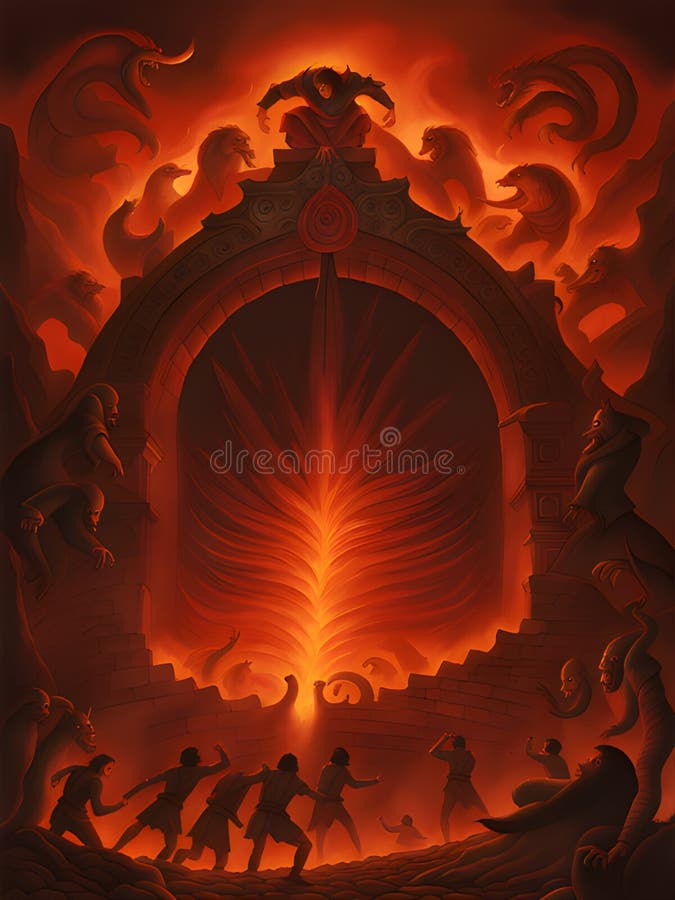 A Large Red Devil is Coming from His Back, Hell View Stock Illustration ...