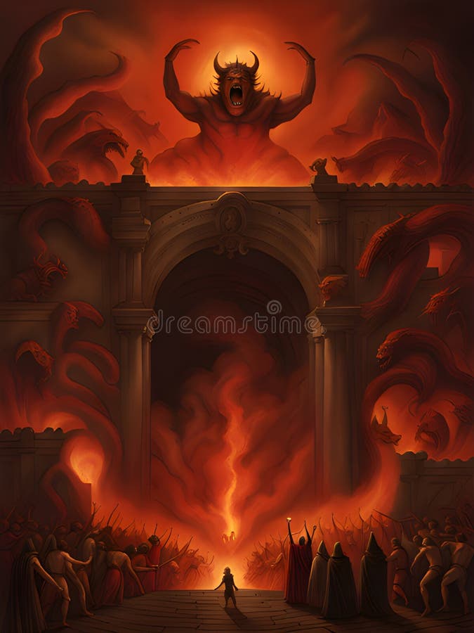 A Large Red Devil is Coming from His Back, Hell View Stock Illustration ...