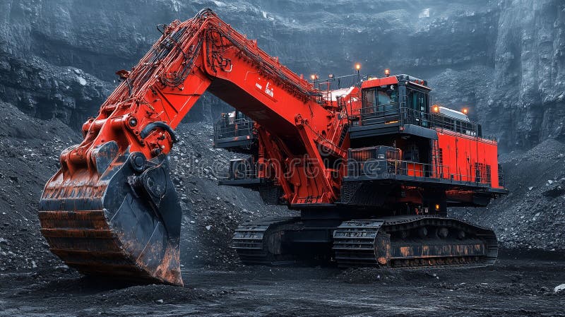 Large Red Excavator Digging in a Coal Mine with Rocky Background View ...
