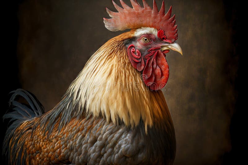 Large Red Head Rooster Portrait in Profile on Dark Background Stock ...