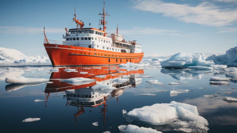 A Large Red Icebreaker Stands in the Ocean among the Ice of Antarctica ...
