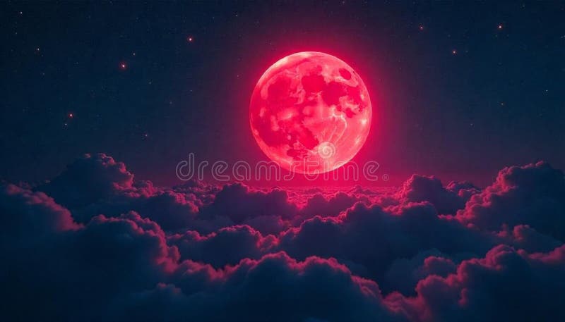 A Large Red Moon in a Night Sky with Dark Clouds and Twinkling Stars ...
