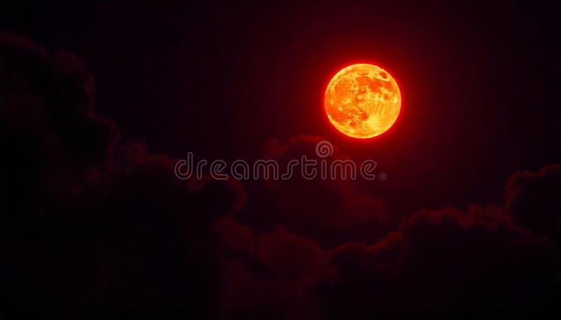 A Large Red Moon in a Night Sky with Dark Clouds and Twinkling Stars ...