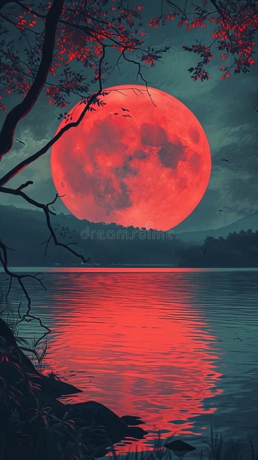Large Red Moon Over Lake, Surreal Landscape. Atmospheric Concept Stock ...