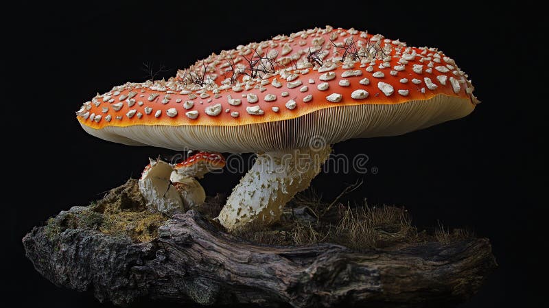 Large Red Mushroom with White Spots on a Log Against Black Background ...