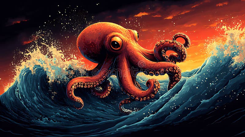 A Large Red Octopus with Big Eyes Emerges from the Ocean Waves Against ...
