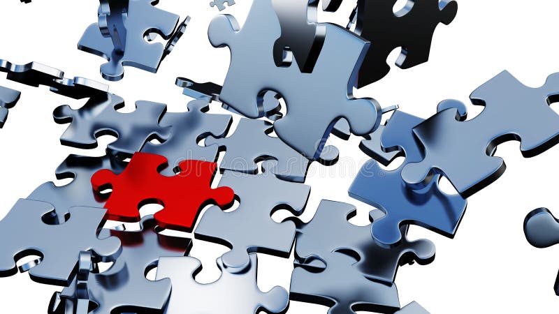 Large Red Piece of Puzzle almost Inserted between Lots of Silver Puzzle ...