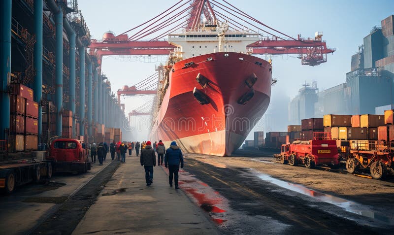 Large Red Ship Docked at Dock Stock Photo - Image of anchored ...