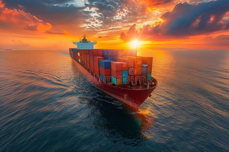 A Large Red Ship is Sailing on the Ocean with the Sun Setting in the ...