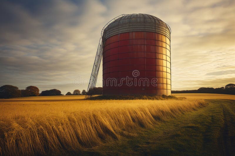 Large Red Silo in Field of Wheat at Sunset. Generative AI Stock ...