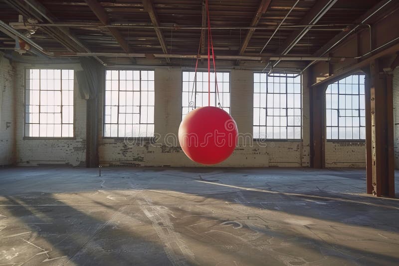 Large Red Sphere Hanging in Empty Industrial Warehouse Stock ...