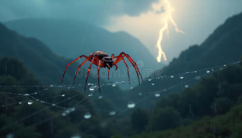 Red Spider on Web during a Dramatic Thunderstorm in Mountainous ...