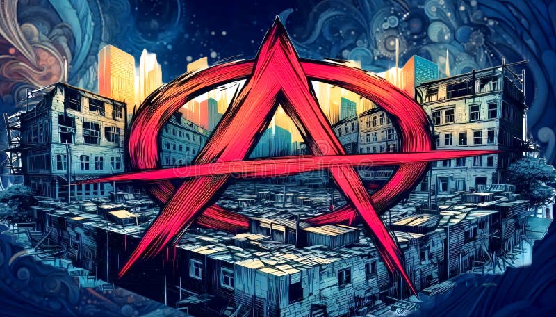 A Large Red Symbol of Anarchy on a Blue Background with Ruined ...