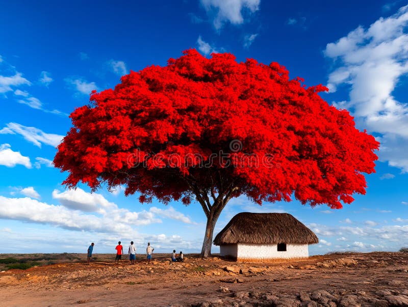 A Large Red Tree in the Middle of a Dirt Field with People Standing ...
