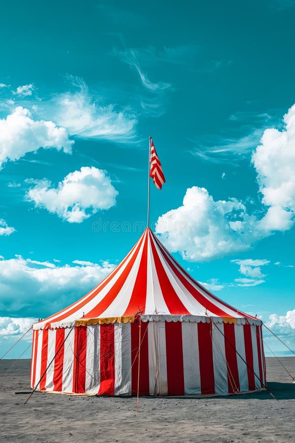 A Large Red and White Striped Circus Tent with a Flag on Top ...