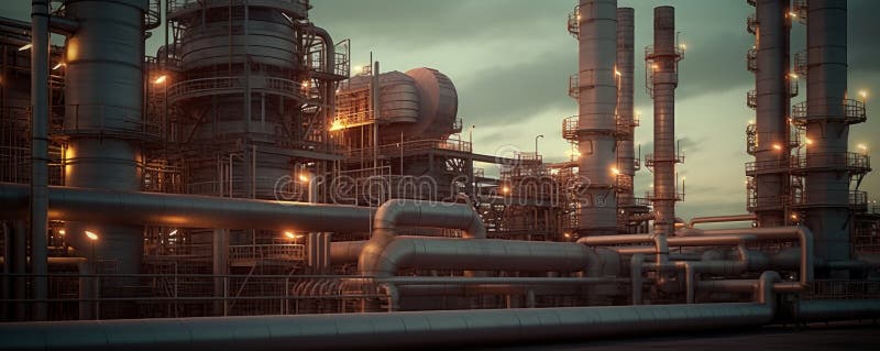 Large Refinery Complex with Pipelines at Dawn. Generative AI Stock ...