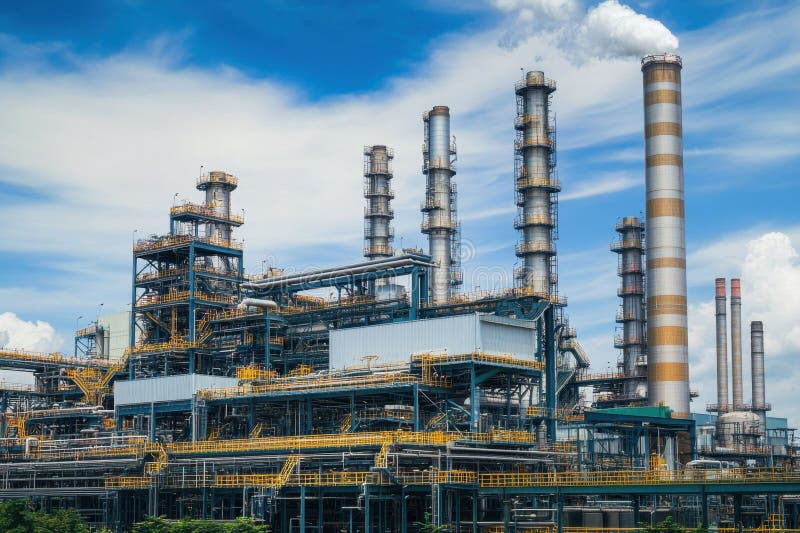Industrial Refinery Complex Under a Clear Blue Sky with Smokestacks ...
