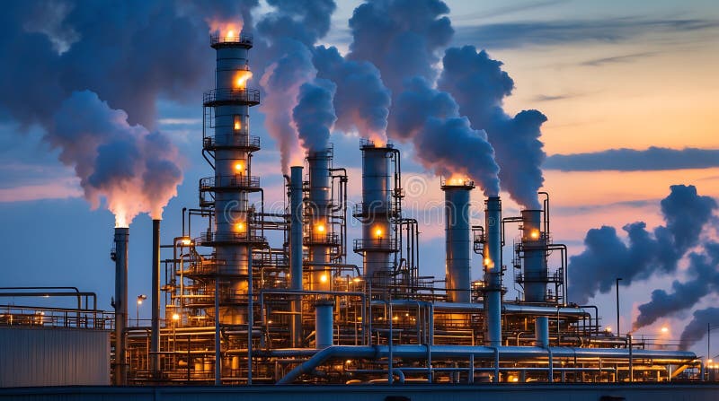 Industrial Refinery with Complex Piping and Steam at Sunset Stock Photo ...