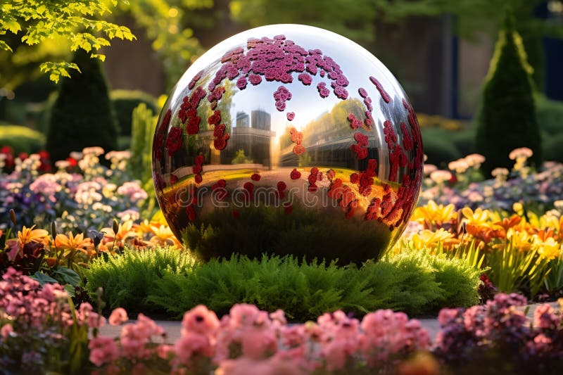 Large Reflective Sphere Adorned with Pink Flowers in a Beautiful Garden ...