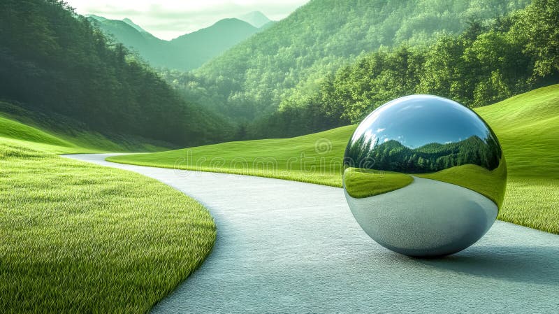 Large Reflective Sphere Rolling Down Winding Path in Green Landscape ...