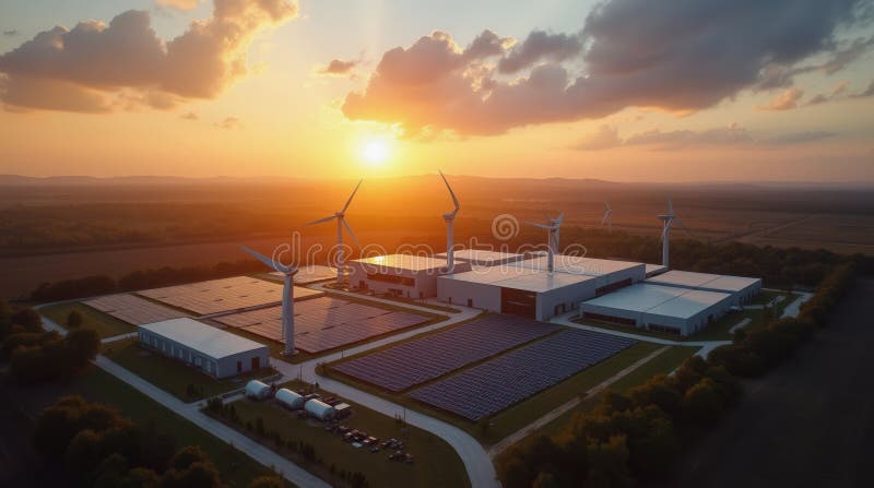 Multiple Wind Turbines Standing on a Hill at Sunset and Generating ...