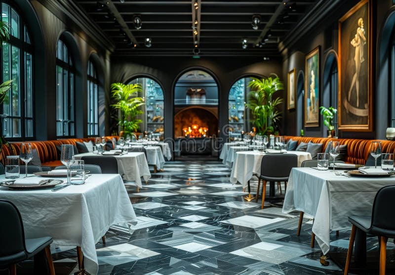 A Large Restaurant with a Black and White Checkered Floor and White ...