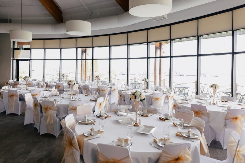Large Restaurant with Huge Windows with Reserved Tables for a Wedding ...