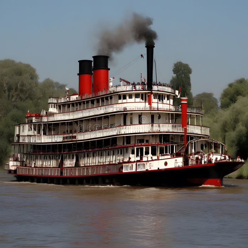 Large River Ship Drives on River, Ai-generatet Stock Illustration ...