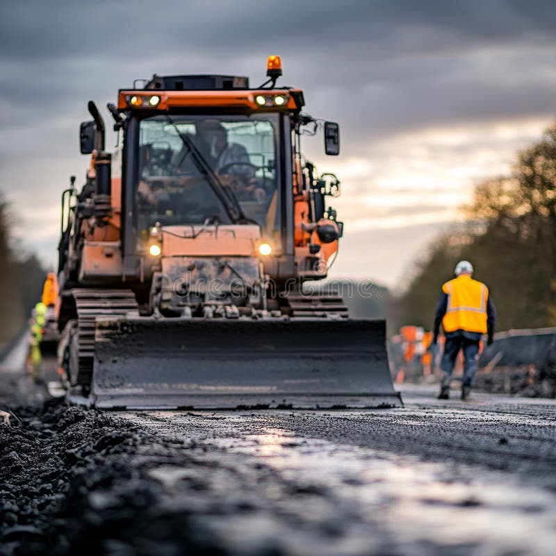 A Large Road Construction Vehicle Works on a Highway at Sunset. the ...