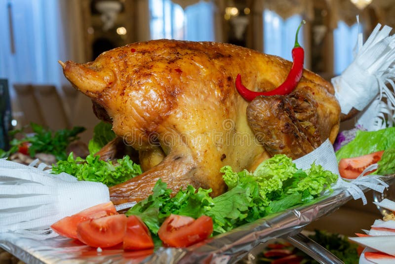 A Large Roast Turkey on the Holiday Table at Thanksgiving Stock Image ...