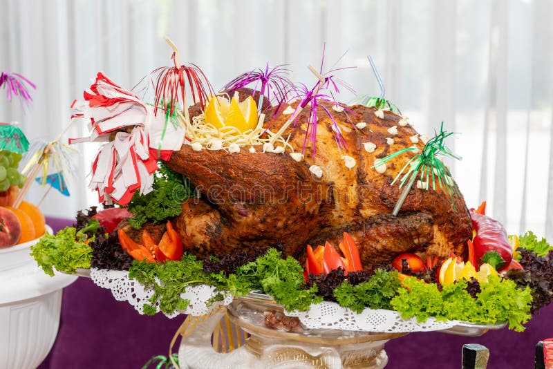 A Large Roast Turkey on the Holiday Table at Thanksgiving Stock Image ...