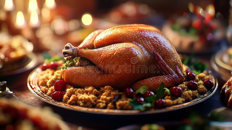 A Large Roasted Turkey Sits on a Plate in Front of a Table Full of Food ...